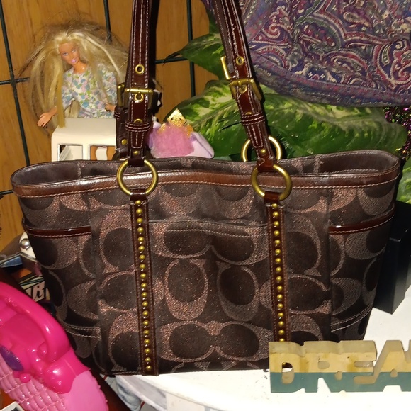 Coach | Bags | Coach Signature Studded Brown Designer Tote Bag | Poshmark